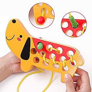 GEMEM Wooden Lacing Threading Toys Fine Motor Skill Toys for 3 Year Old Educational and Learning Montessori Toddler Travel Toy 1 Strawberry and 1 Dog