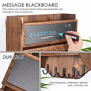 BKCOYSJ Wooden Key and Mail Holder for Wall with 6 Hooks and Chalkboard Wall Mount Mail Organizer Key Rack for Hallway Bedroom and Living Room (Brown)