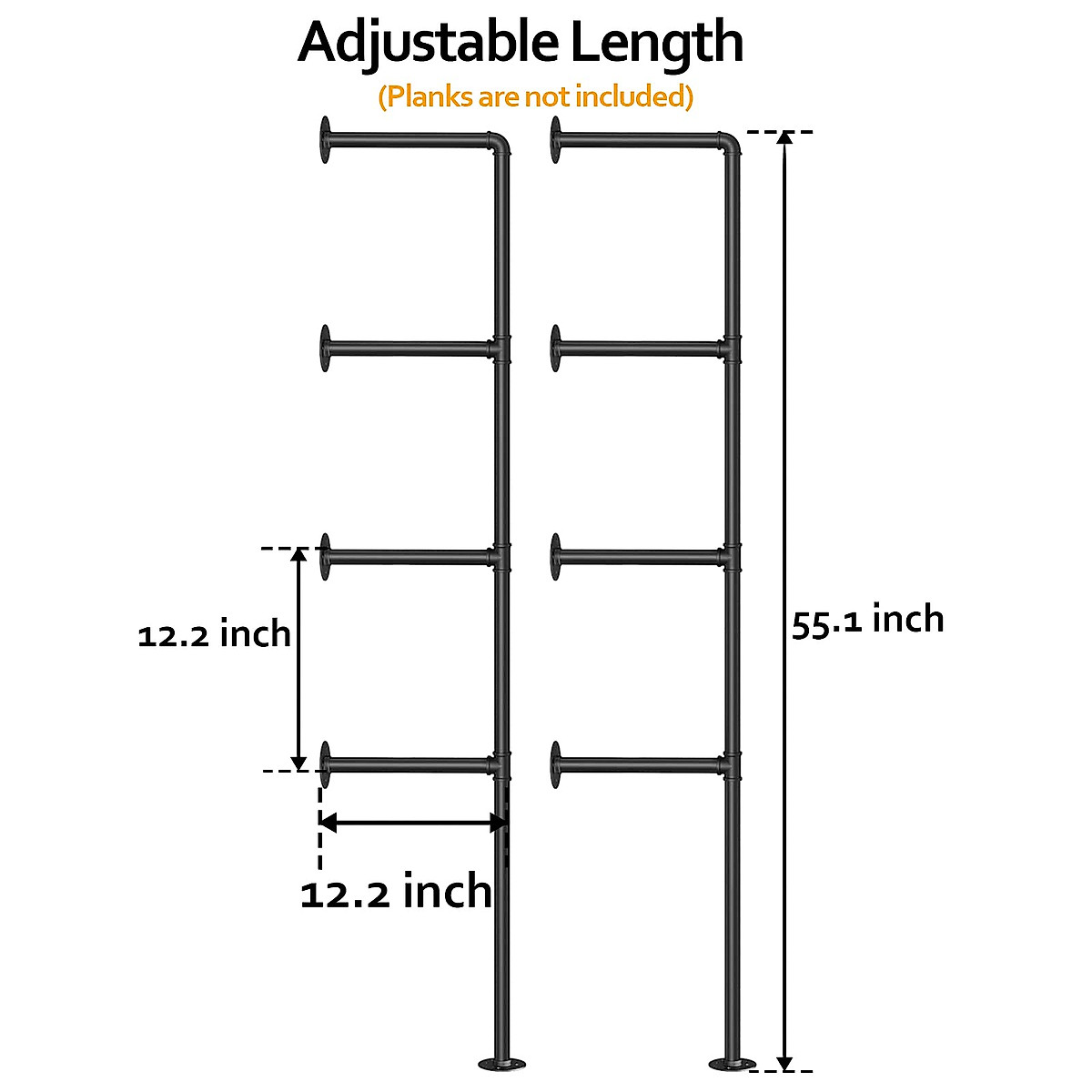 Pynsseu Industrial Iron Pipe Shelf Wall Mount, Farmhouse DIY Open Bookshelf, Pipe Shelves for Kitchen Bathroom, bookcases Living Room Storage, 2Pack of 4 Tier