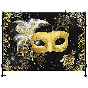 Masquerade Backdrop Curtain Gold Mask Gold Rose Pattern Carnival Birthday Background Decoration Banner Adult Portrait Photography Banner Vinyl (6ft×4ft)