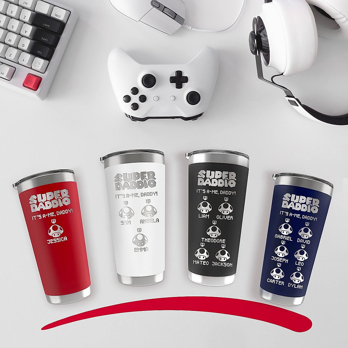 Super Daddio Tumbler with Kids Names, Personalized Tumblers for Dad, 13 Vibrant Colors - 20oz & 30oz, Double-Walled Stainless Steel Dad Tumbler