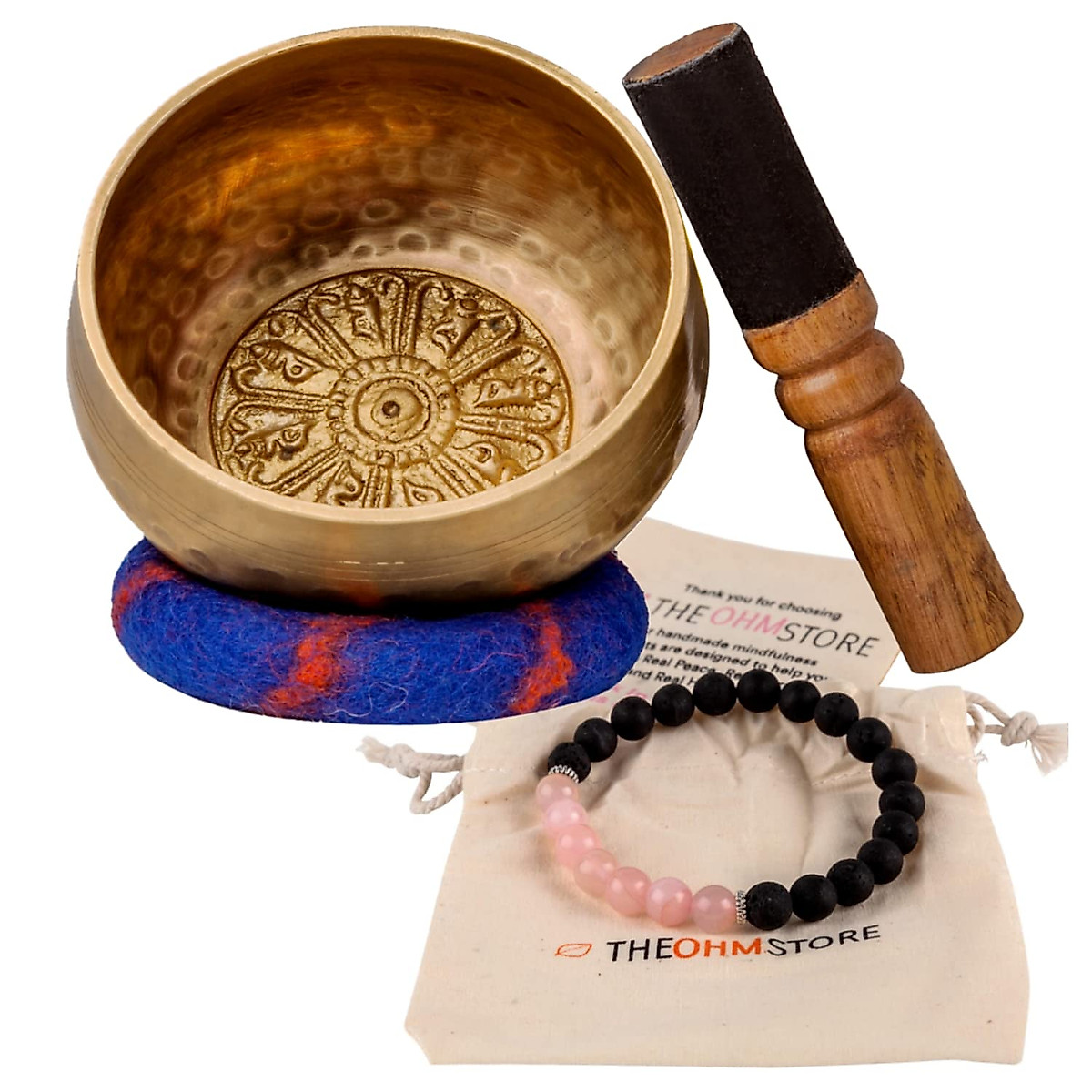 Tibetan Singing Bowl Set with Healing Mantra Engravings Bundle with Rose Quartz and Lava Stone Mala Bracelet — Handcrafted in Nepal for Chakra Healing, Meditation, and Mantra Recitation