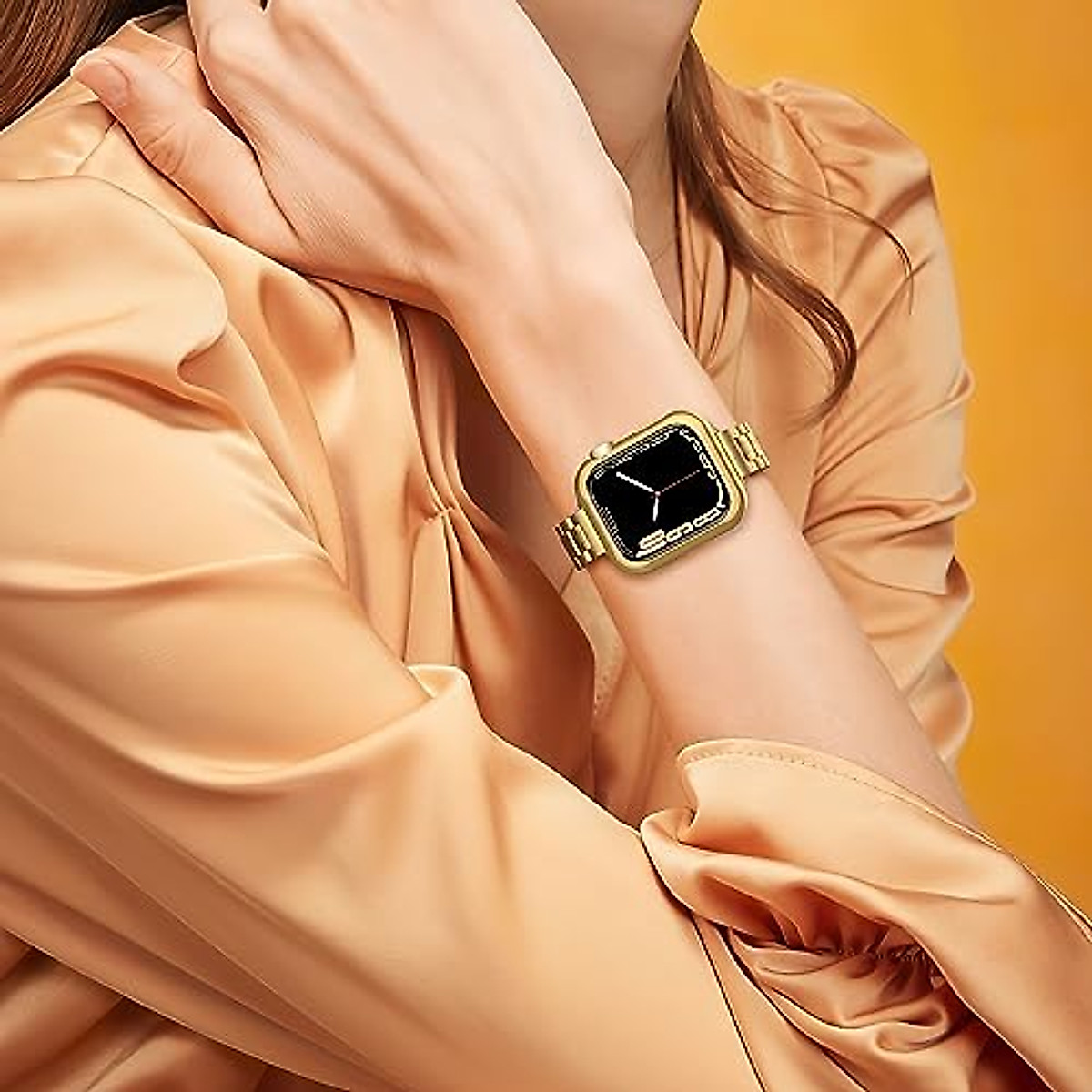 MERUYOO Gold Watch Bands Compatible with Apple Watch Band 38mm 40mm 41mm 42mm 44mm 45mm for Women, with TPU Case - Slim and Thin Stainless Steel Replacement Adjustable Wristband for iWatch Series.