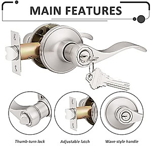 Probrico (2 Pack) Entry Door Lever [Lock with 3 Keys],Locking Door Handle Set for Office or Front Door,Satin Nickel Finish Wave Entrance Door Lock with Key, Reversible Right & Left Side Handed