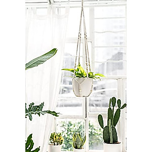 Mkono 43 Inch Macrame Plant Hanger Large for up to 12 Inch Pot Extra Long Hanging Plant Holder No Tassels Hanging Planter Basket with Wood Beads for Indoor Outdoor Boho Home Decor, Ivory