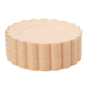 BLUE PANDA 50 Pack Ivory Pink Plastic Plates for Party, 9 Inch Disposable for Party Supplies, Wedding, Gold Foil Scalloped Edges
