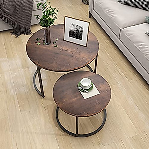 HOJINLINERO Industrial Round Coffee Table Set of 2 End Table for Living Room,Stacking Side Tables, Sturdy and Easy Assembly,Wood Look Accent Furniture with Metal Frame,Black+Rustic Brown