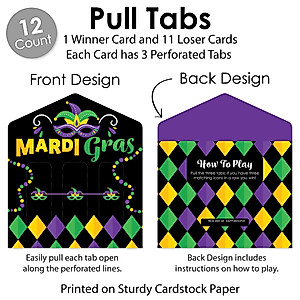 Big Dot of Happiness Colorful Mardi Gras Mask - Masquerade Party Game Pickle Cards - Pull Tabs 3-in-a-Row - Set of 12