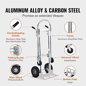 VEVOR Aluminum Convertible Hand Truck, 2 in 1 Design 800 Lbs Capacity, Heavy Duty Industrial Collapsible cart, Dolly Cart with Rubber Wheels for Transport and Moving in Warehouse, Supermarket, Garden