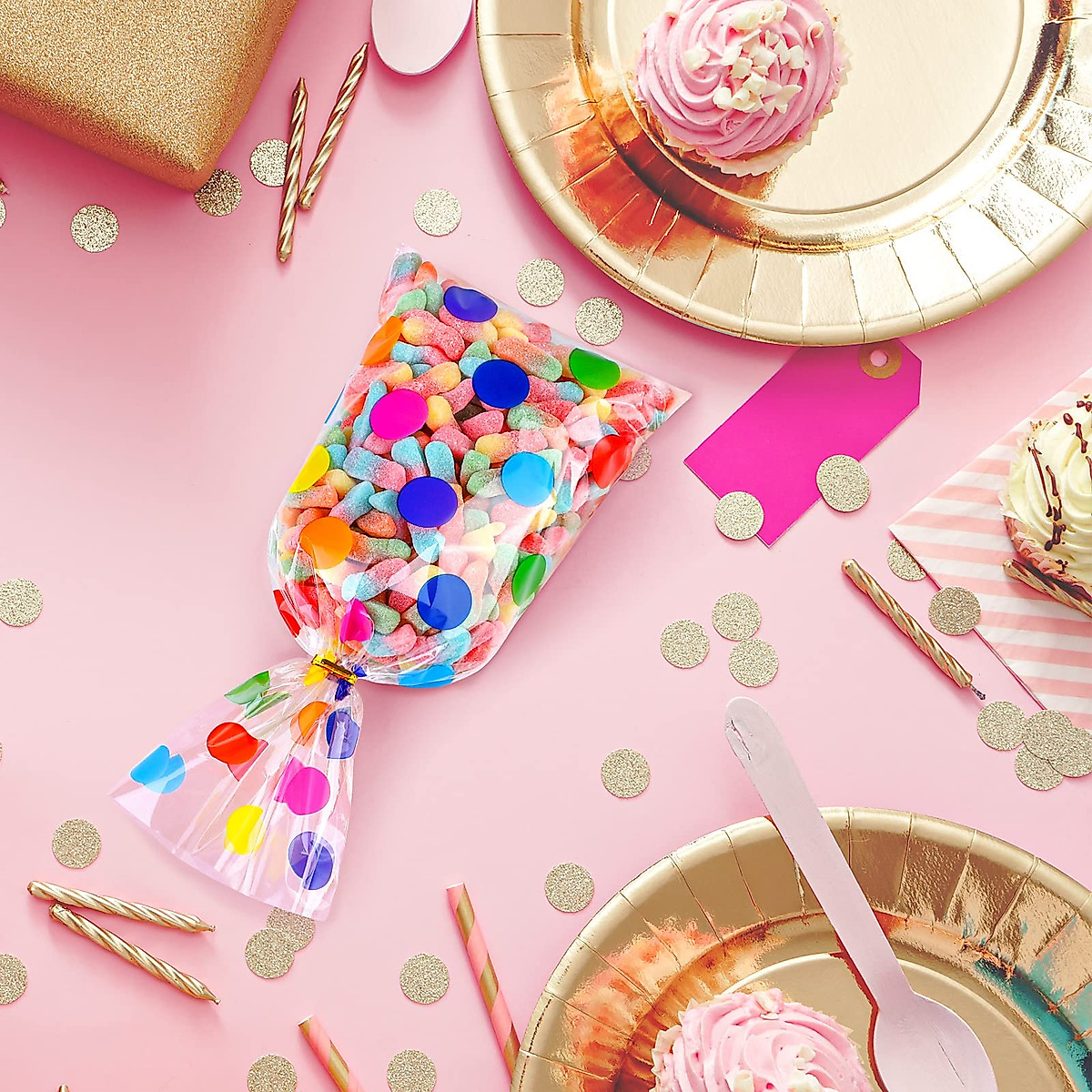 Aodaer 100 Pieces Rainbow Cellophane Bags Plastic Candy Gift Bags Cellophane Treat Bags with Twist Ties Stripes Polka Dot Printed Pattern Goodie Bags for Birthday Weddings Party Favors