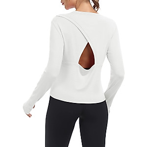 Bestisun Women's Workout Long Sleeve Athletic Wear Yoga Shirts Thumb Hole Sweatshirts Open Back Running Shirts Exercise Clothes White M