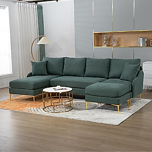 Verfur Upholstery L Shaped Lounge and Movable, 4-Seater Convertible Corner Metal Legs,Soft Couch, Sectional Sofa w/Reversible Chaise and Ottoman, Green 110"