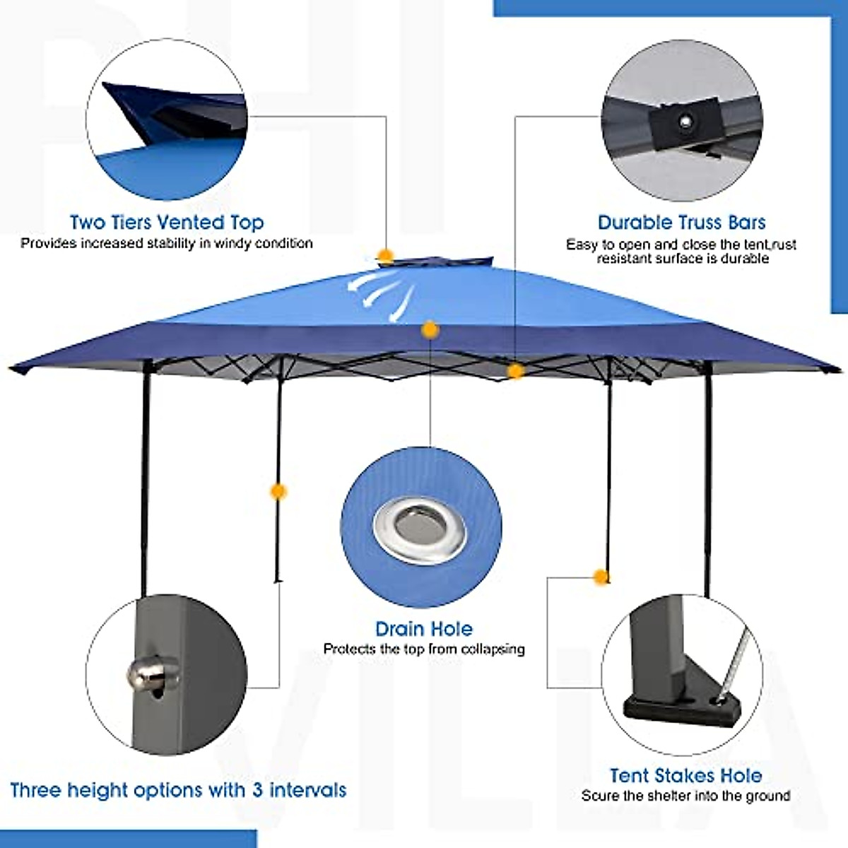 PHI VILLA Easy Set-up 13x13 Pop Up Canopy Gazebo Outdoor Tent Portable 169 sq.ft Sun Shade, Blue