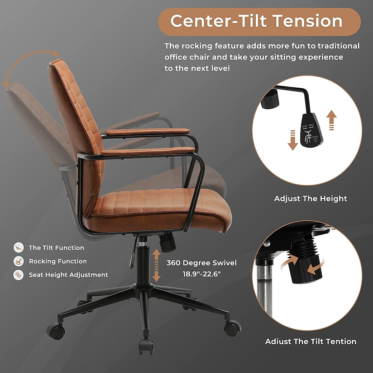 Brown Leather Office Chair, Ergonomic Mid-Back Executive Conference Task Chair, Ribbed Height Adjustable Swivel Rolling Chair for Home Office (Brown)