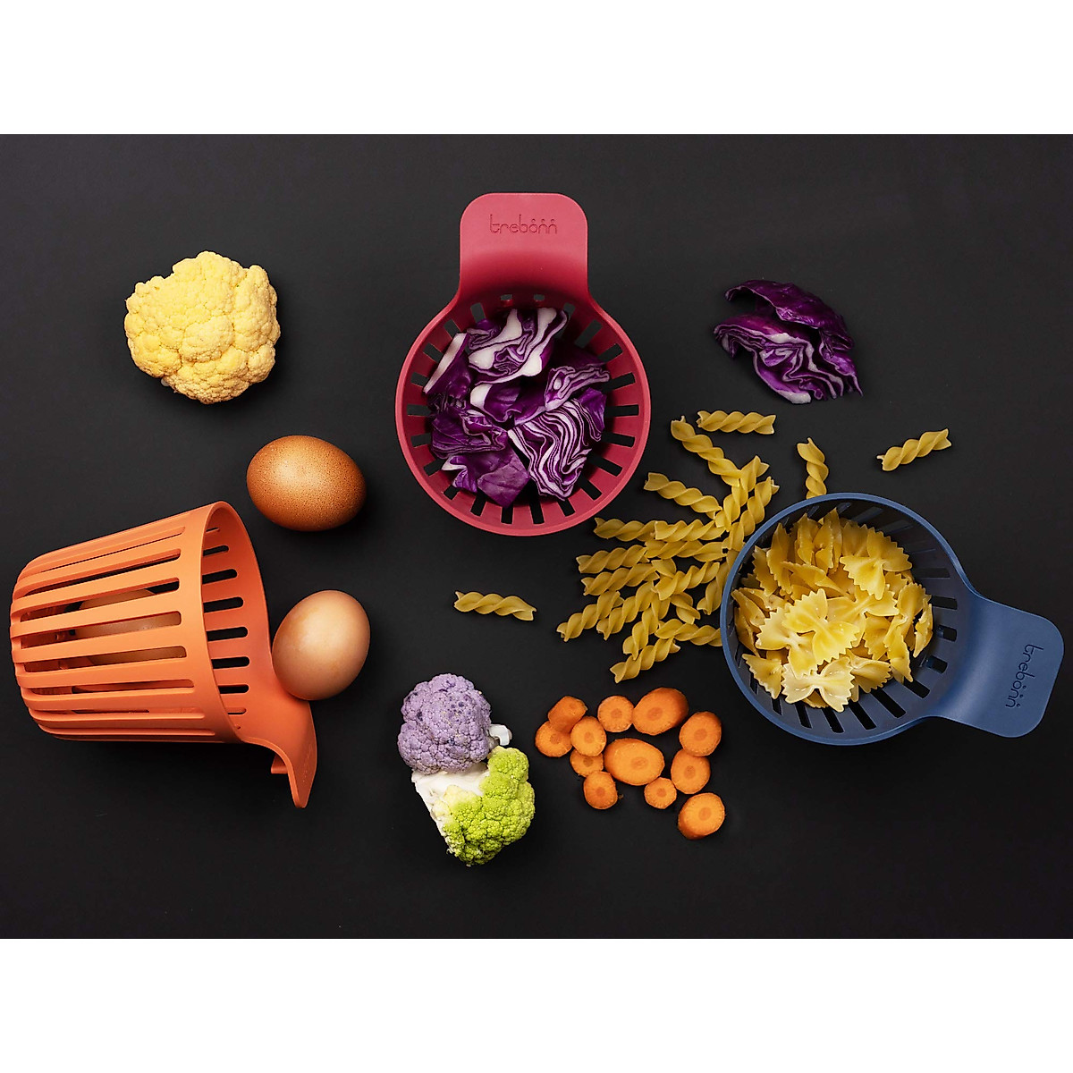 TREBONN, Cookin’ Pod 3 Piece Set, Single Portion Slotted Strainers for Pasta and Vegetables, Everyday Use, Coral Purple Blue-Gray, 1 Set