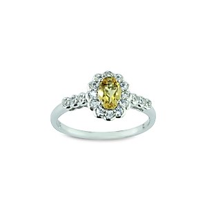 Heartland By Beverley Mitchell .925 Sterling Silver 6X4mm Oval Cut Yellow Citrine & Lab-Created White Sapphire Scalloped Flower Statement Ring - Size 8