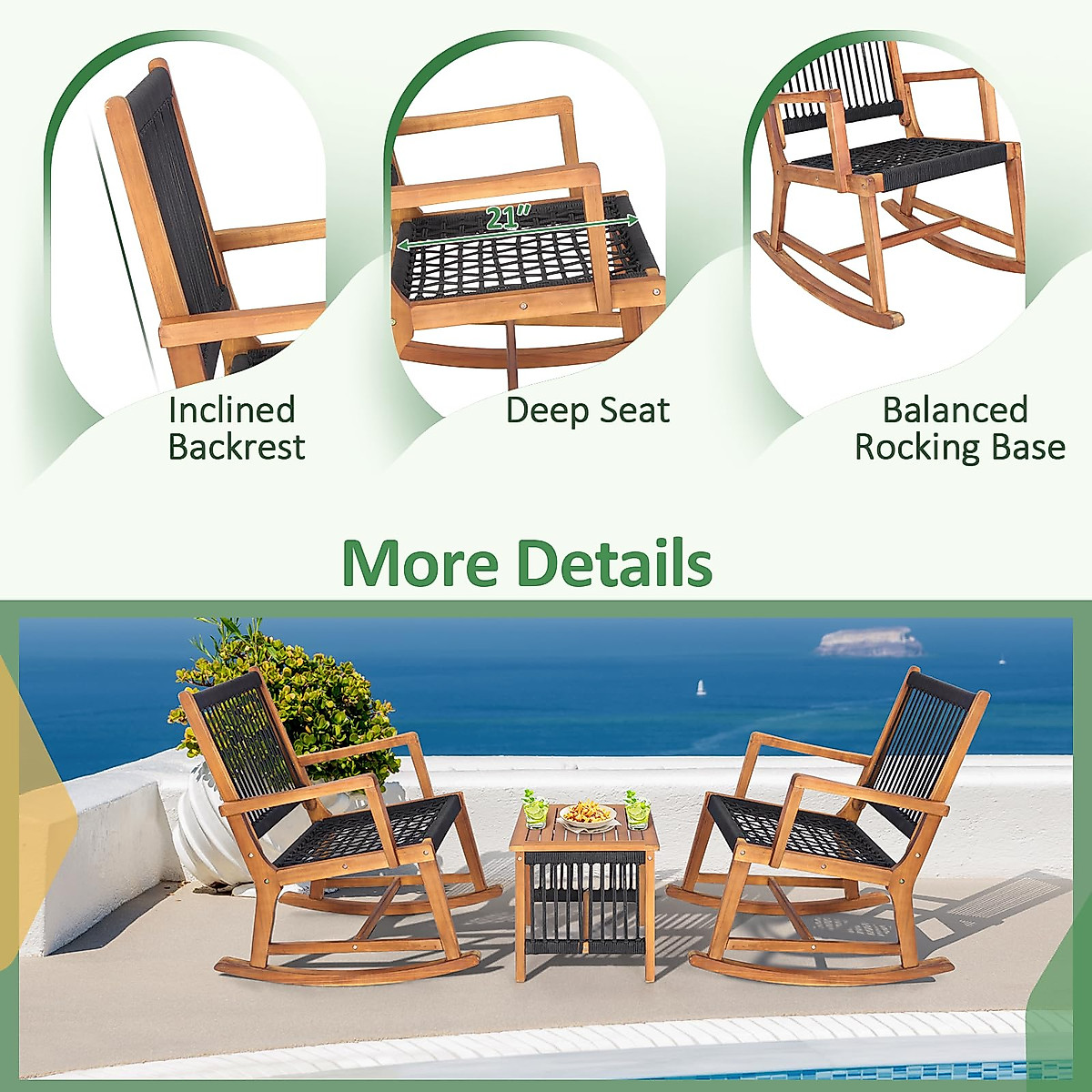 Tangkula 3 Pieces Acacia Wood Rocking Bistro Set, All-Weather Rope Woven Patio Furniture Set with Coffee Table, Outdoor Conversation Set for Front Porch, Deck, Balcony (Black & Natural)