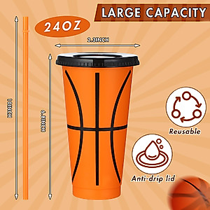 Domensi 24 Pcs Christmas Plastic Tumbler with Lid and Straw 24 oz Reusable Cups Party Favors Coffee Mug Plastic Drinking Cups for Kid Adult Themed Birthday Party Favor Xmas Gifts(Basketball)