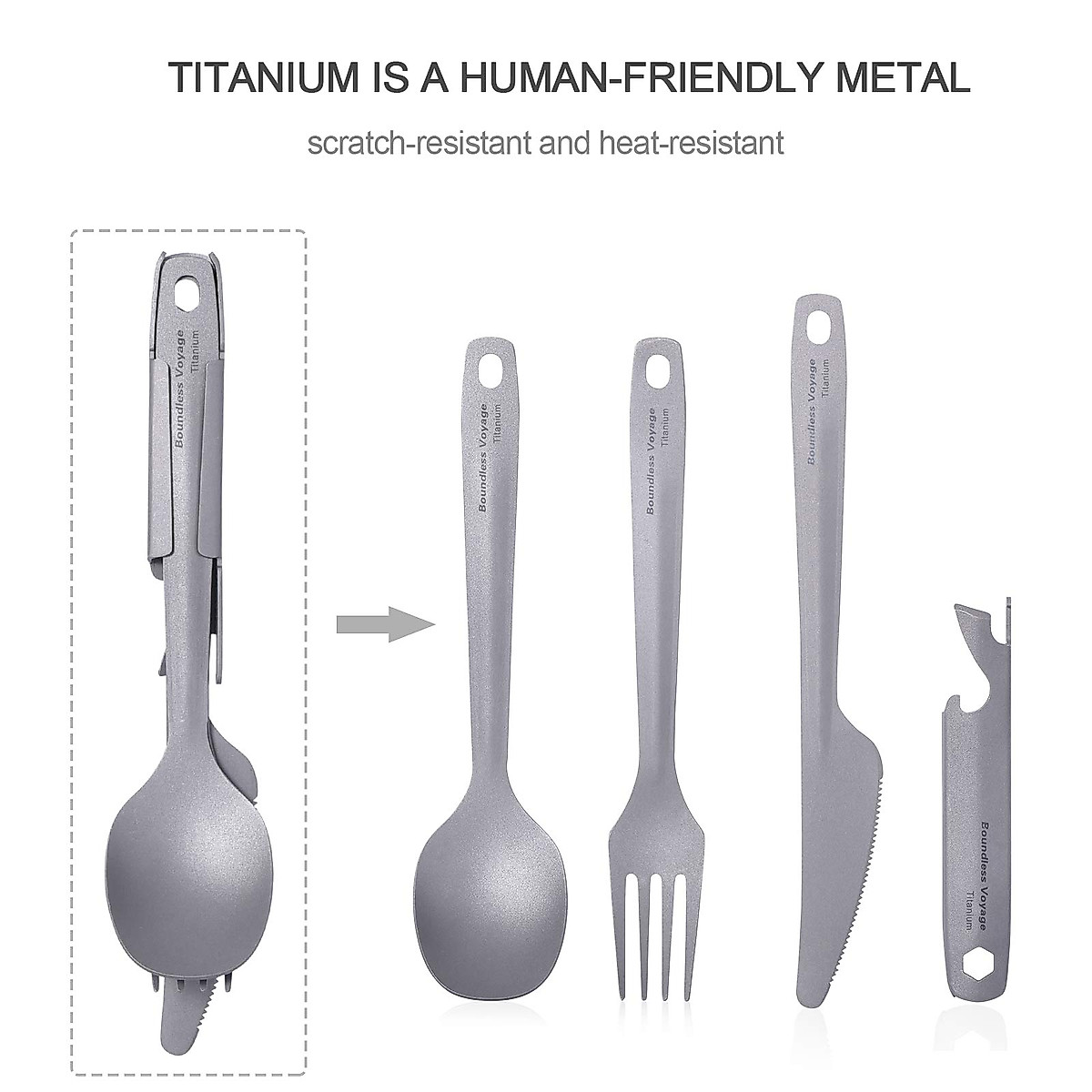 iBasingo Titanium Knife Fork Spoon Bottler Opener Tableware Set 4 in 1 Storage Design Protable Lightweight Cutlery for Outdoor Camping Kitchen CJ-Ti1066T