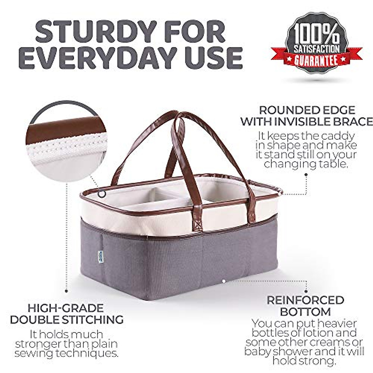 Baby Diaper Caddy Organizer - Grey Nursery Essentials Storage - Portable Basket for Car - Newborn Nursery Décor and Changing Table Accessory