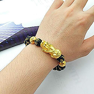 INENIMARTJ Feng Shui Black Obsidian Wealth Bracelets, Pi Xiu Bracelet Adjustable Elastic Band Mantra Amulet Feng Shui Bracelet for Women Men