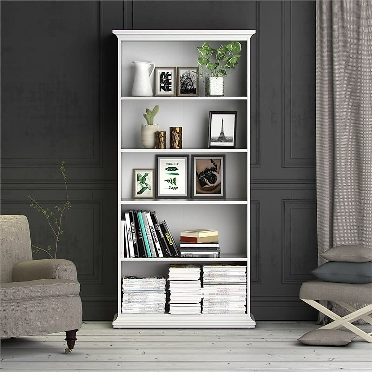 Home Square 5 Shelf Wood Bookcase Set in White (Set of 2)