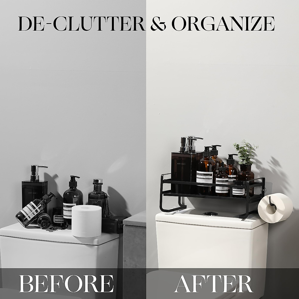 Marmolux Matte Black Single Shelf Over Toilet Storage - Screwless Design Space Saving Bathroom Toilet Organizer for Over The Toilet Shelf - Matte Black with Black Marble Shelf