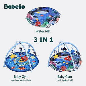 Babelio Baby Gym Mat & Tummy Time Water Mat 2 in 1, 3 Different Assembly Methods, 6 Activity Play Mat Toys, Sensory Development and Fun Experience for Infant, 33.5" x 33.5"
