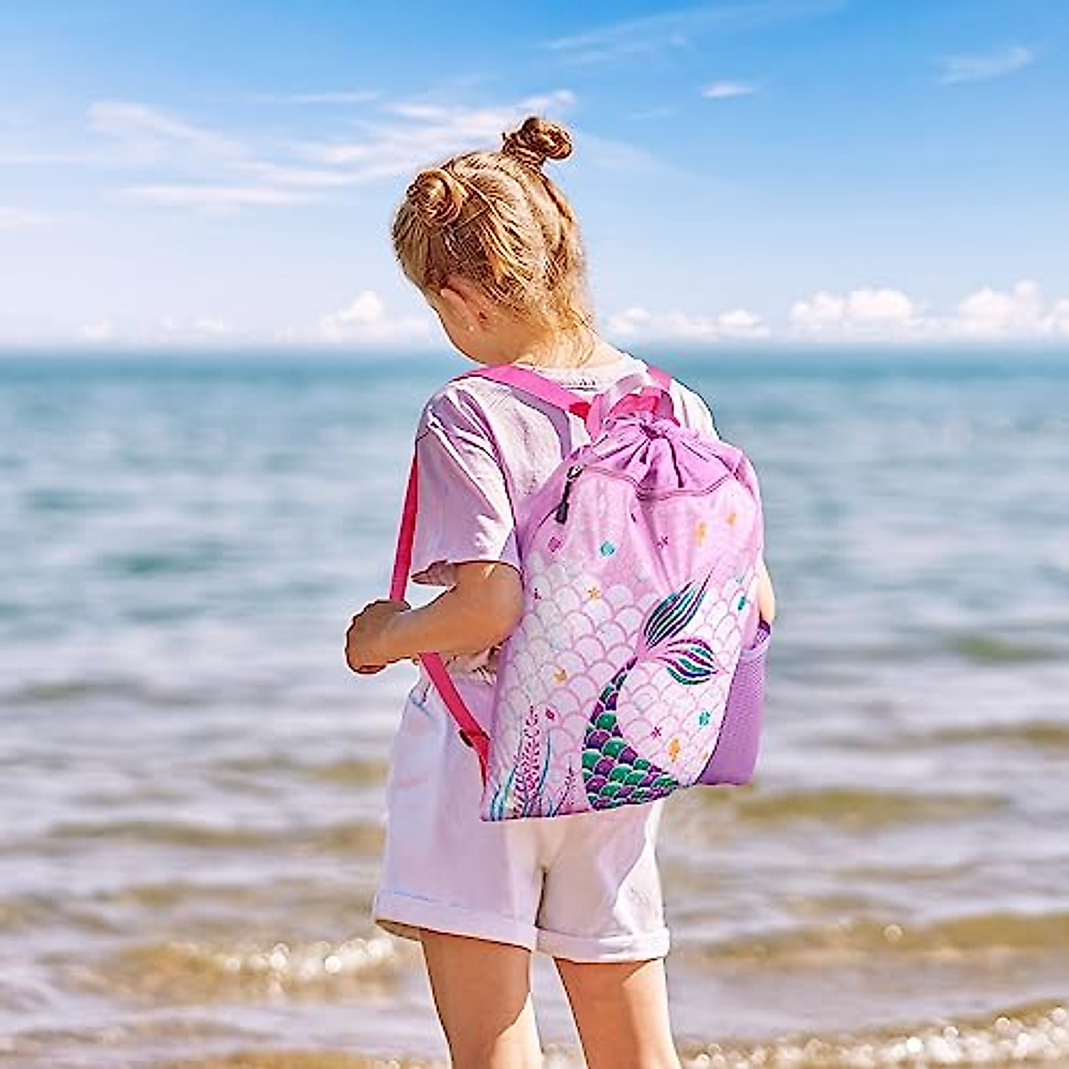 WAWSAM Mermaid Gym Drawstring Backpack String Bag - 15” × 17” Sports Gym Bag for Girls Kids Waterproof Swimming Beach Shopping Yoga Sackpack Birthday Gift with Zippered Pocket and Water Bottle Pocket