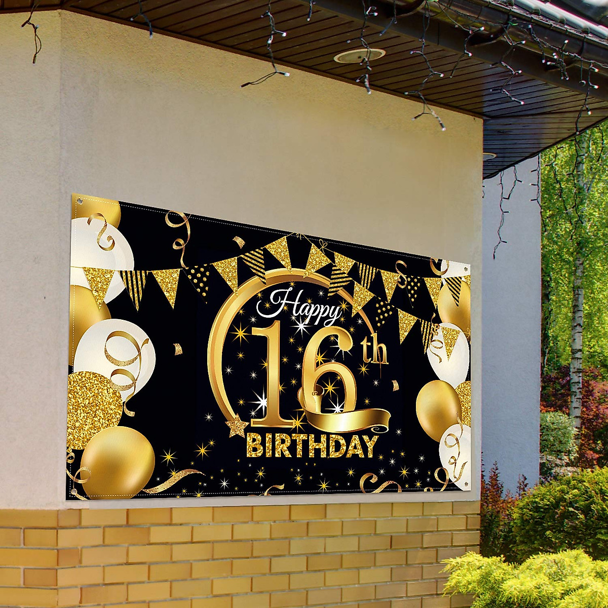 Blulu Birthday Party Decoration Extra Large Fabric Black Gold Sign Poster for Anniversary Photo Booth Backdrop Background Banner, Birthday Party Supplies, 72.8 x 43.3 Inch (16th)