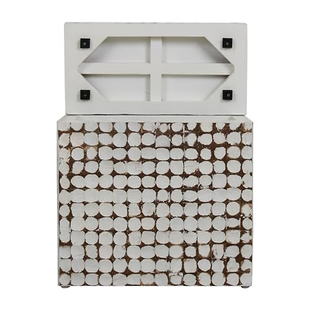 East at Main Rectangle Side Table - Real Coconut Shell Mosaic Inlaid, Pre-Assembled, Natural Wood and Patina Finish, Storage Side Table(White/Rectangle)