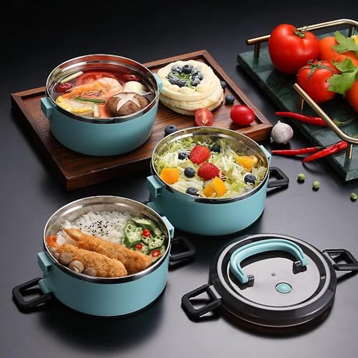 ArderLive Bento Lunch Box, Stackable Themral Insulated Lunch Container, Stainless Steel Leakproof Bento Box with Denim Lunch Bag & Cutlery for Adults(3 Layer,Blue)