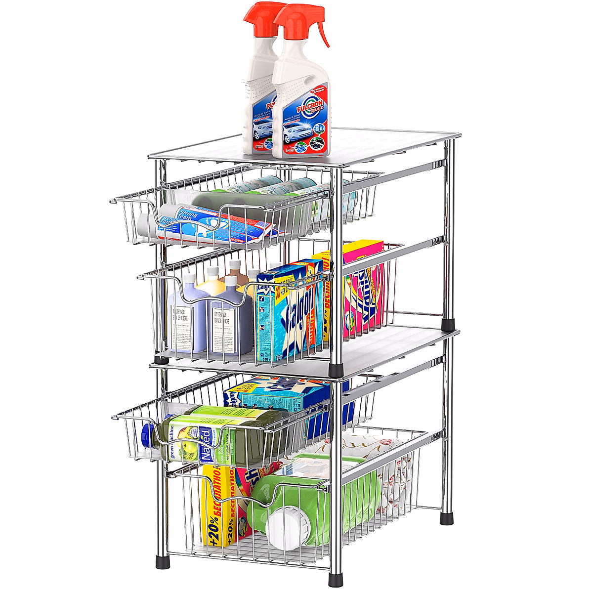 SimpleHouseware Stackable 2 Tier Sliding Basket Organizer Drawer, Chrome