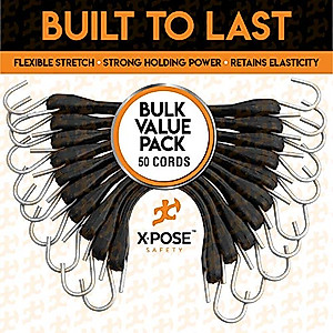 Rubber Bungee Cords with Hooks 50 Pack 9 Inch (14” Max Stretch) Heavy-Duty Black Tie Down Straps for Outdoor, Tarp Covers, Canvas Canopies, Motorcycle, and Cargo - by Xpose Safety