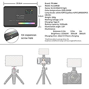VIJIM VL120 RGB Video Light, Portable LED Camera Light Panel 0-360 Full Color, CRI 95+ 2500-9000K LED Video Light, 3100mAh Rechargeable LED DSLR Lighting for Vlogging, Photography, Video Conference
