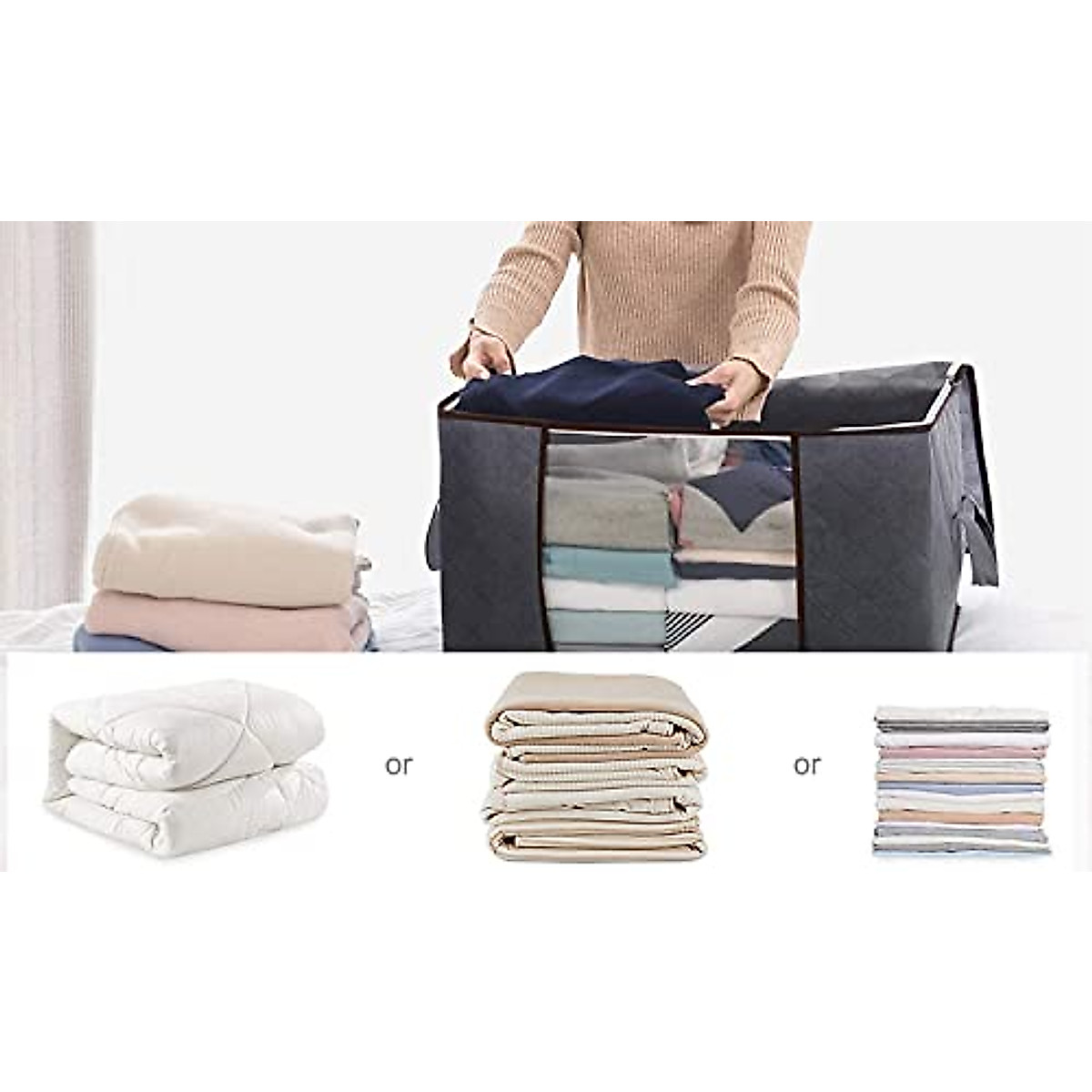 WALYPAB, 3 pack Large Capacity Clear Window Clothes Storage Bag Organizer with Reinforced Handle, wiselife storage bags, Gray