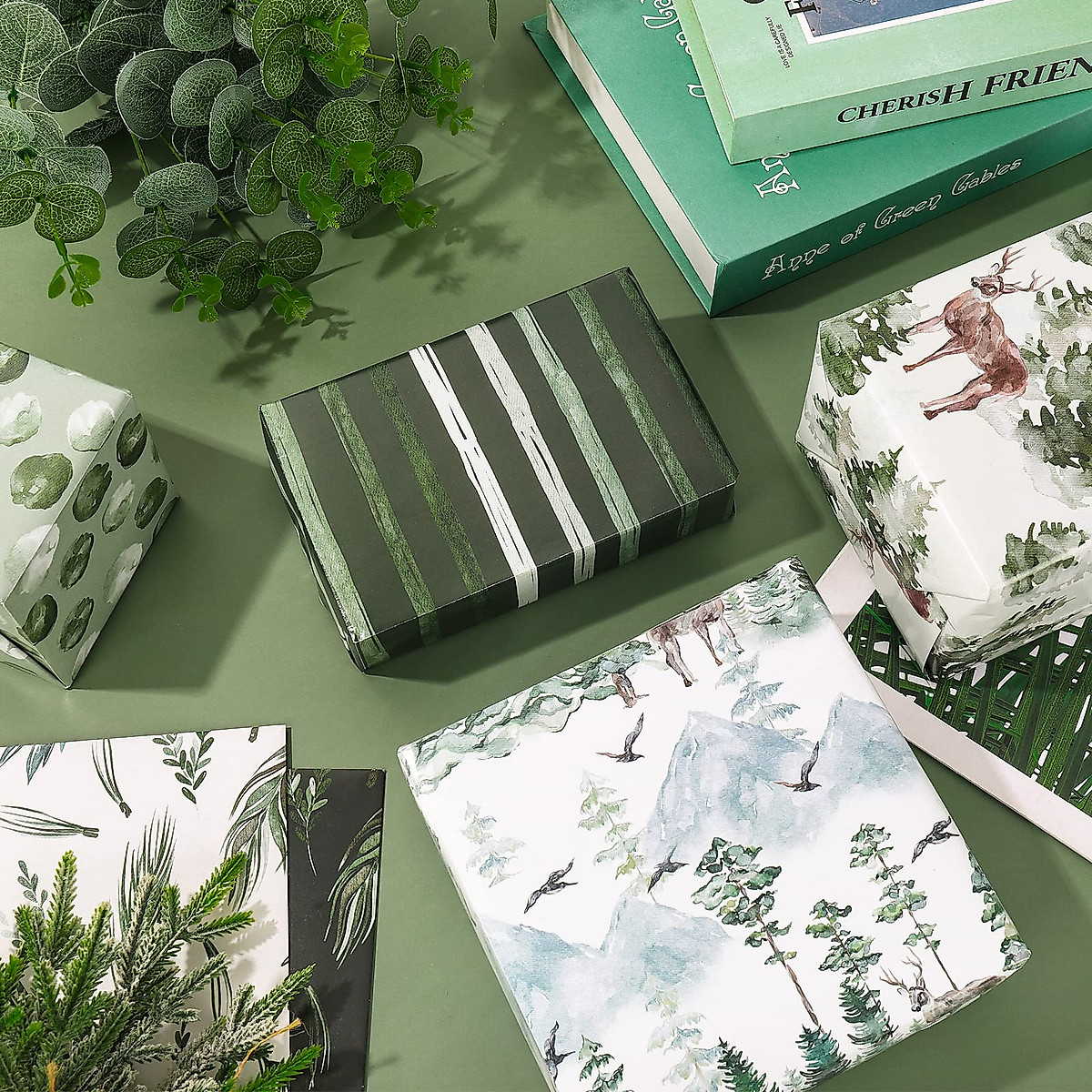 AnyDesign 12 Sheet Forest Theme Wrapping Paper Watercolor Woodland Gift Wrap Paper Bulk Green Tree Elk Art Paper for Birthday Wedding Baby Shower DIY Crafts Gift Packing, 19.7 x 27.6, Folded Flat