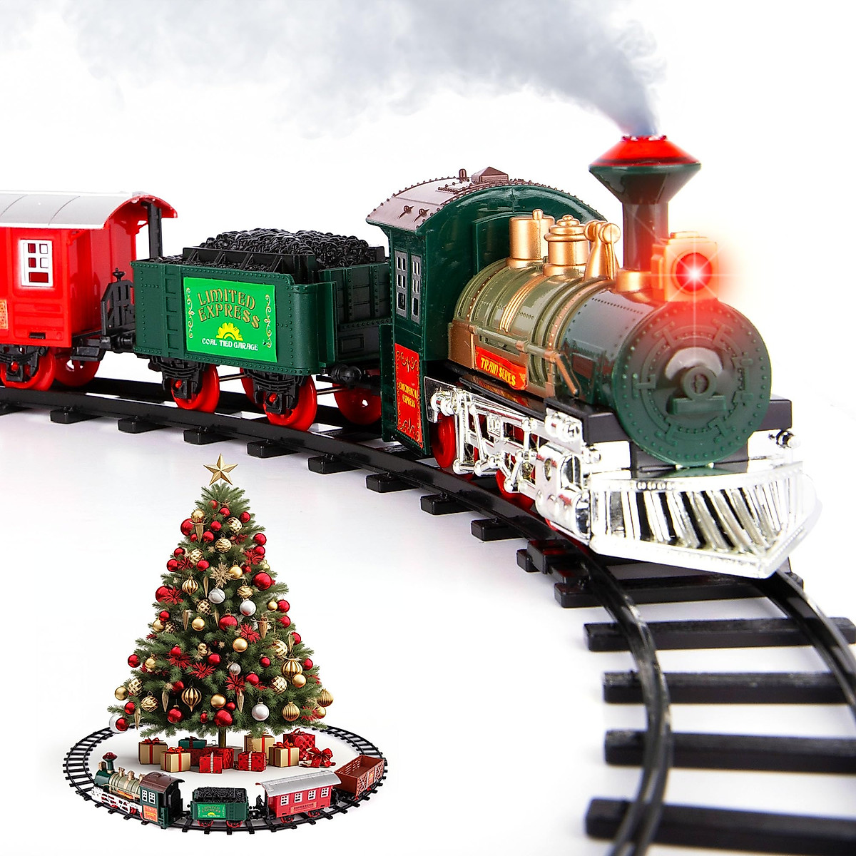ArtCreativity Kids Train Set - Electric Train Set with Lights & Sound, Battery-Operated Train Toy with 4 Cars and Tracks - Christmas Train Sets for Around The Tree, Great Gift Idea for Boys and Girls