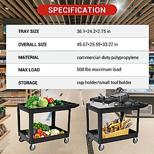 GarveeTech Service Cart 500-lb Utility Service PP Rolling cart with Two Trays and Brake Wheel for Warehouse/Garage/Cleaning/Manufacturing，45" 25" Black