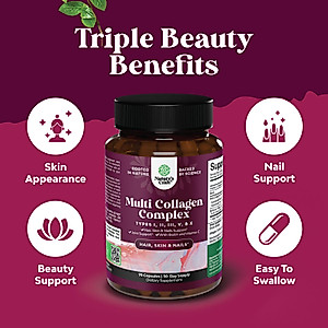 Advanced Multi Collagen Complex - Ageless Multi Collagen Peptides Supplements with Type 1 2 3 5 & X & Biotin for Hair, Skin and Nails Vitamins - Biotin Supplements for Women & Men - 90 Count