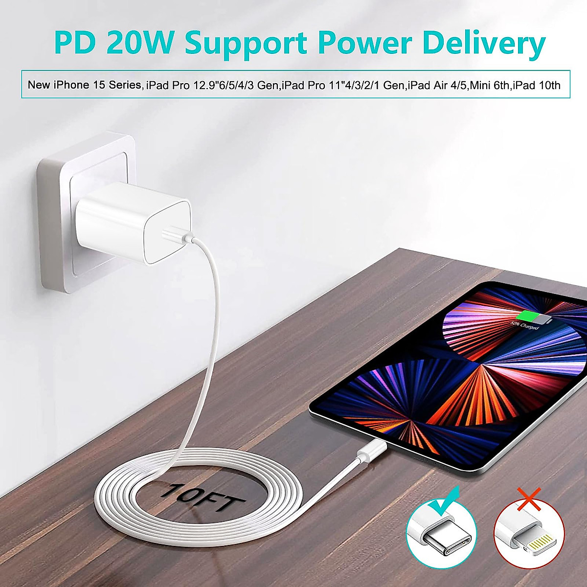 iPad Pro Charger,20W USB C Fast Charger with 10FT Long Fast Charging Cord for iPad Pro 12.9 5th/4th/3rd,11 inch 3rd/2nd/1st,iPad Air 5th/4th Generation,iPad Mini 6th,iPad 10th,iPhone 15 Pro Max/Plus
