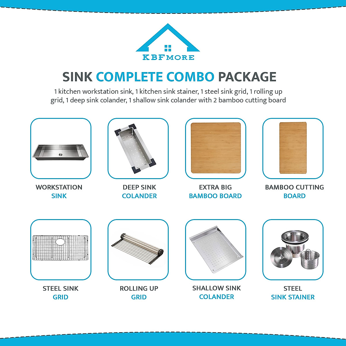 KBFmore 58 Inch Stainless Steel Undermount Workstation Kitchen Sink with Rolling Up Grid, Bottom Grid, Strainer Kit, Colander, Two Colander, and Two Bamboo Cutting Board