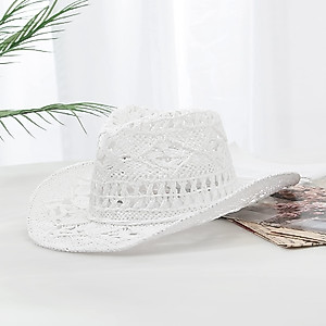 GEMVIE Men & Women's Summer Cowboy Cowgirl Straw Hat Hollow Out Style Roll Up Brim Cowboy Sun Hat White