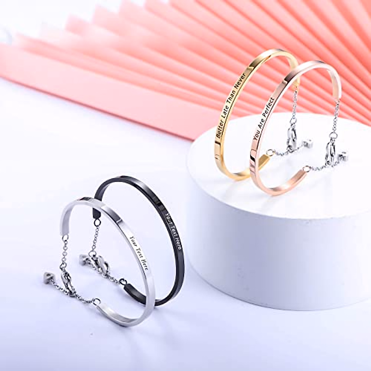 INBLUE Personalized Identification ID Bracelet Bangle for Women Men Name Engraved Adjustable Stainless Steel Cuff Water-Resistant Gift for Girlfriend Sister Bridesmaid Gifts (Silver)