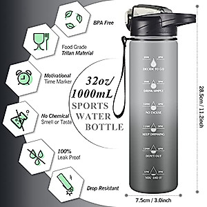 Spopal Motivational Water Bottle, [Leakproof] 32 Oz Plastic Water Bottle with Straw, [BPA Free] Reusable Sports Water Bottle, Ideal Gift for Gym,Fitness,Hiking, Travel,Outdoor Sports (Black)