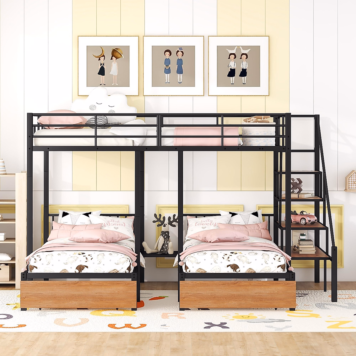 FANYHOME Full Over Twin & Twin Size Metal Bunk Bed with Drawers and Staircase, Divided into 4 Separate Beds, Heavy-Duty Steel Frame Bunk Bed for Kids Teens Adults (Black)
