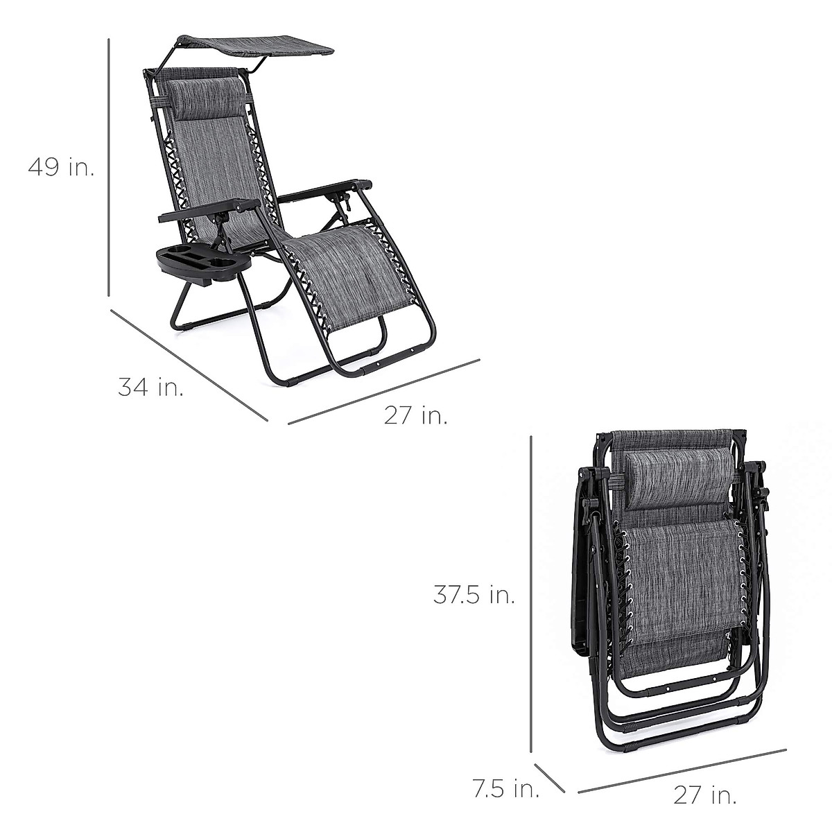 Best Choice Products Folding Zero Gravity Outdoor Recliner Patio Lounge Chair w/Adjustable Canopy Shade, Headrest, Side Accessory Tray, Textilene Mesh - Gray