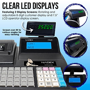 Nadex CR600 Cash Register, 9500 PLU Lookups 60 Dept 50 Clerks, 5 Bill 8 Coin Compartments 2 Check Slots Heavy Duty Steel Cash and Coin Drawer, Two Displays, Multiport