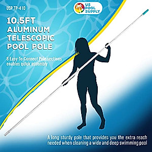 U.S. Pool Supply 10.5 Foot Aluminum Telescopic Swimming Pool Pole - 8 Adjustable Connecting Sections, Expandable Step-Up Length - Attach Connect Skimmer Nets, Rakes, Brushes, Vacuum Heads, Maintenance