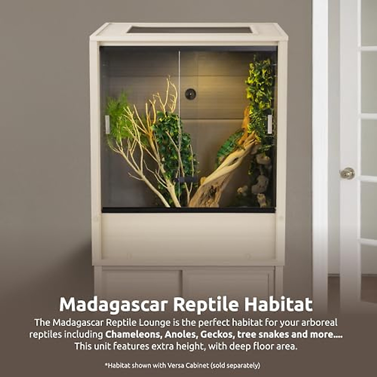 New Age Pet ECOFLEX Maple Chameleon Madagascar Vertical Reptile Habitat Lounge - Durable, Non-Toxic Wood Plastic Composite, Extra Height, Deep Floor, Removable Sliding Glass Doors with Lock
